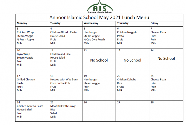 Monthly Lunch Menu